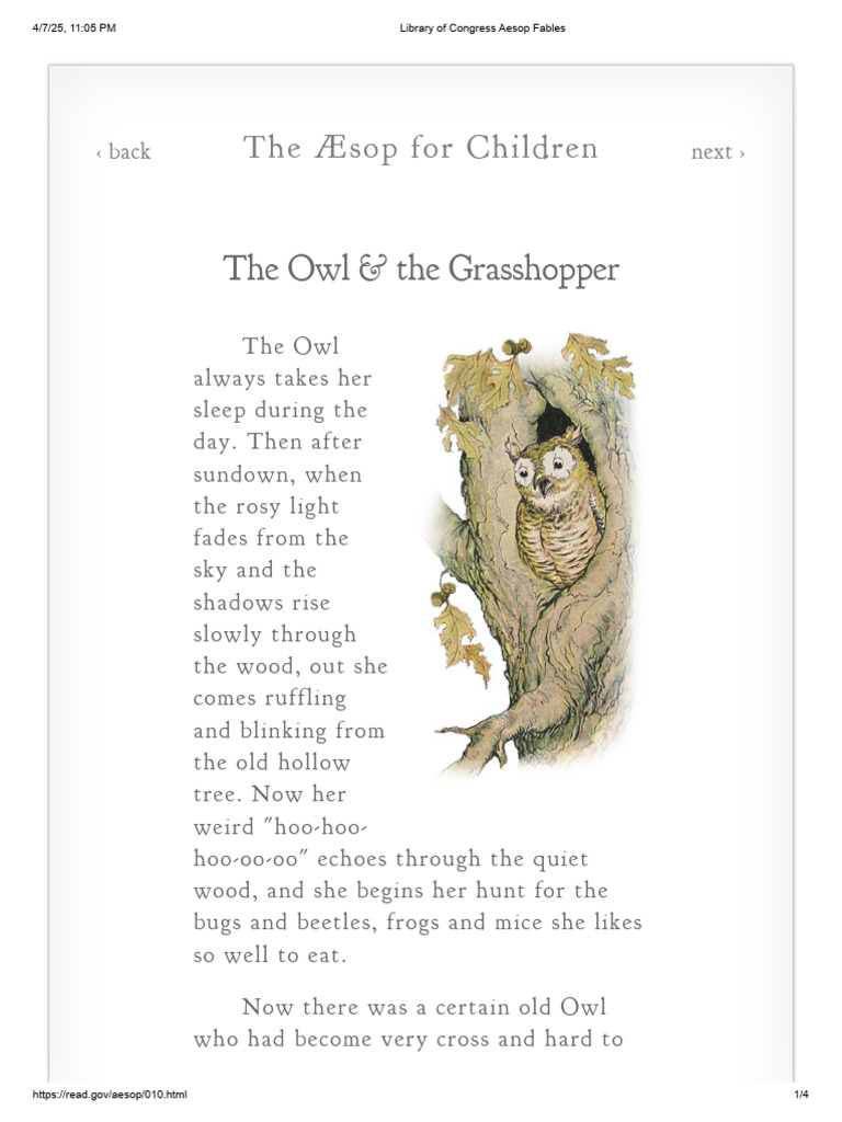 The Owl and the Grasshopper Fable | PDF