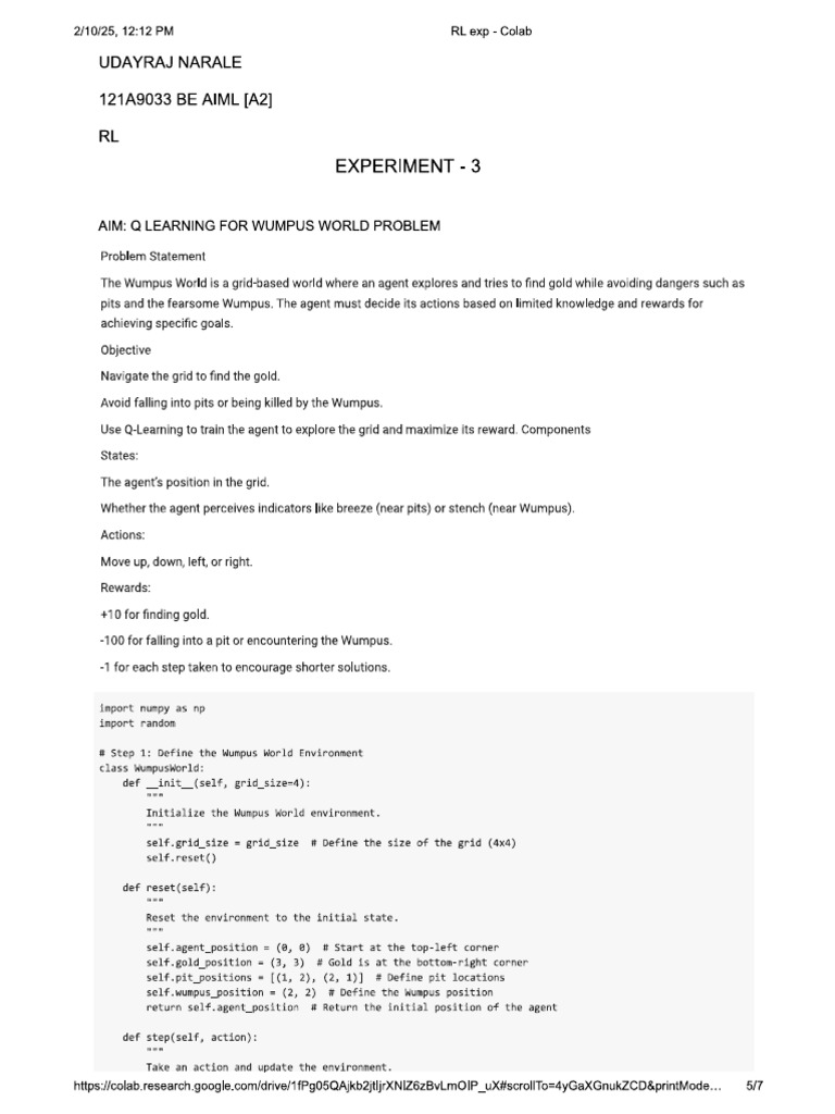 121a9033 Experiment-3 RL | PDF