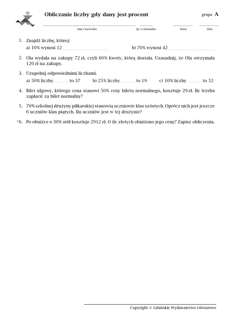 Obliczanie Liczby Gdy Dany Jest Procent - Zadania | PDF