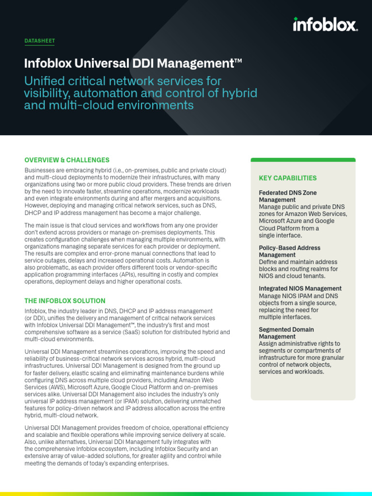 Infoblox Datasheet Infoblox Universal Ddi Management | PDF | Cloud Computing | Domain Name System