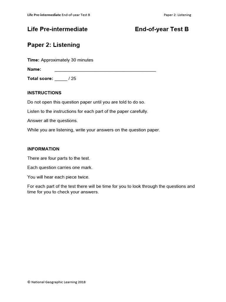 Pre-Intermediate End of Year Test B Paper 2 | PDF