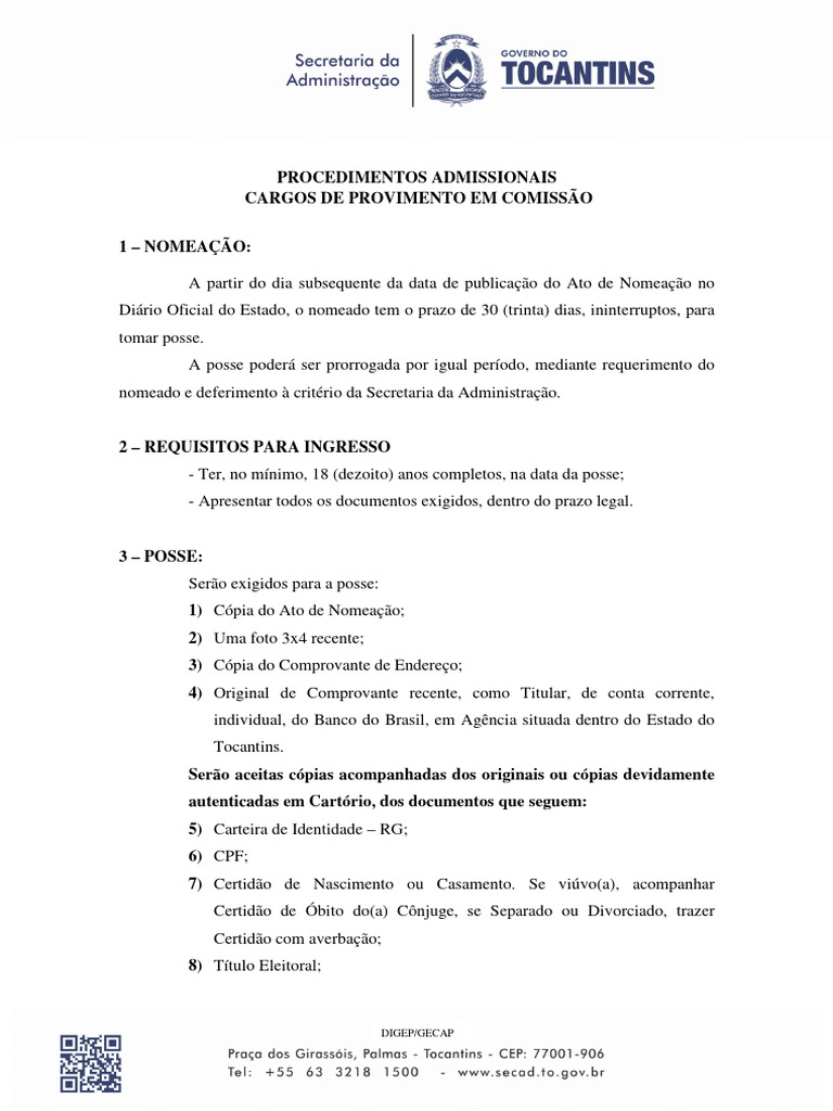 Procedimentos Admissionais para Posse Cargo em Comiss o | PDF