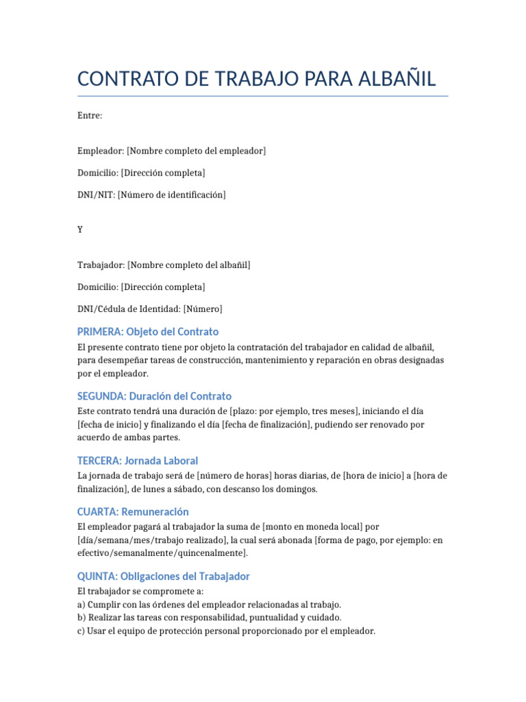 Contrato de Trabajo Albañil | PDF