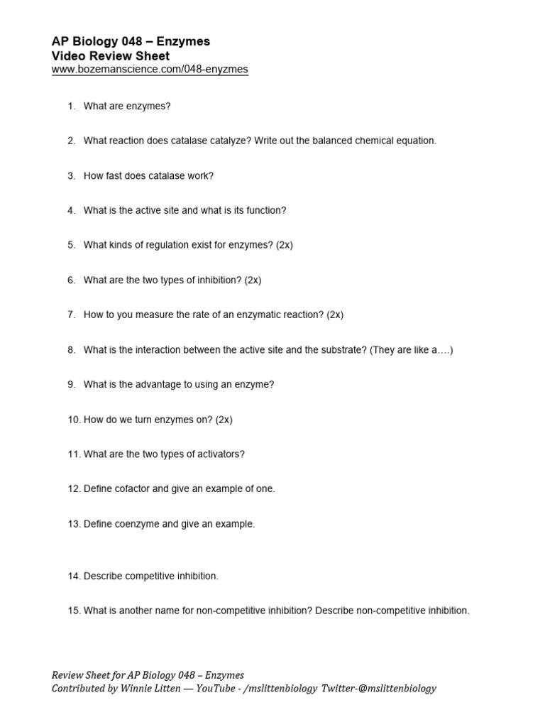 AP Bio-048 Enzymes Worksheet-WL | PDF