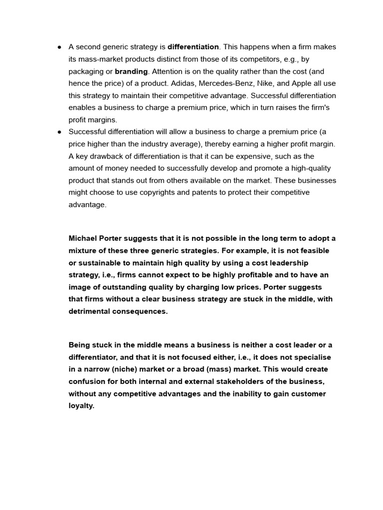Porters Generic Strategy Differentiation & Stuck in The Middle | PDF
