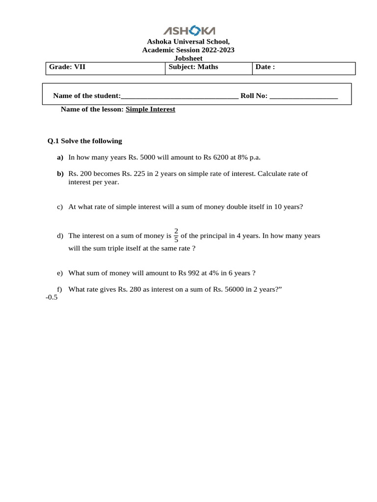 Grade VII Maths: Simple Interest Worksheet | PDF