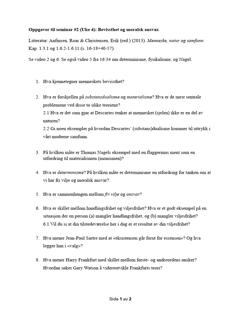 Oppgaver til seminar #2 (Uke 4) Bevissthet og moralsk ansvar. | PDF