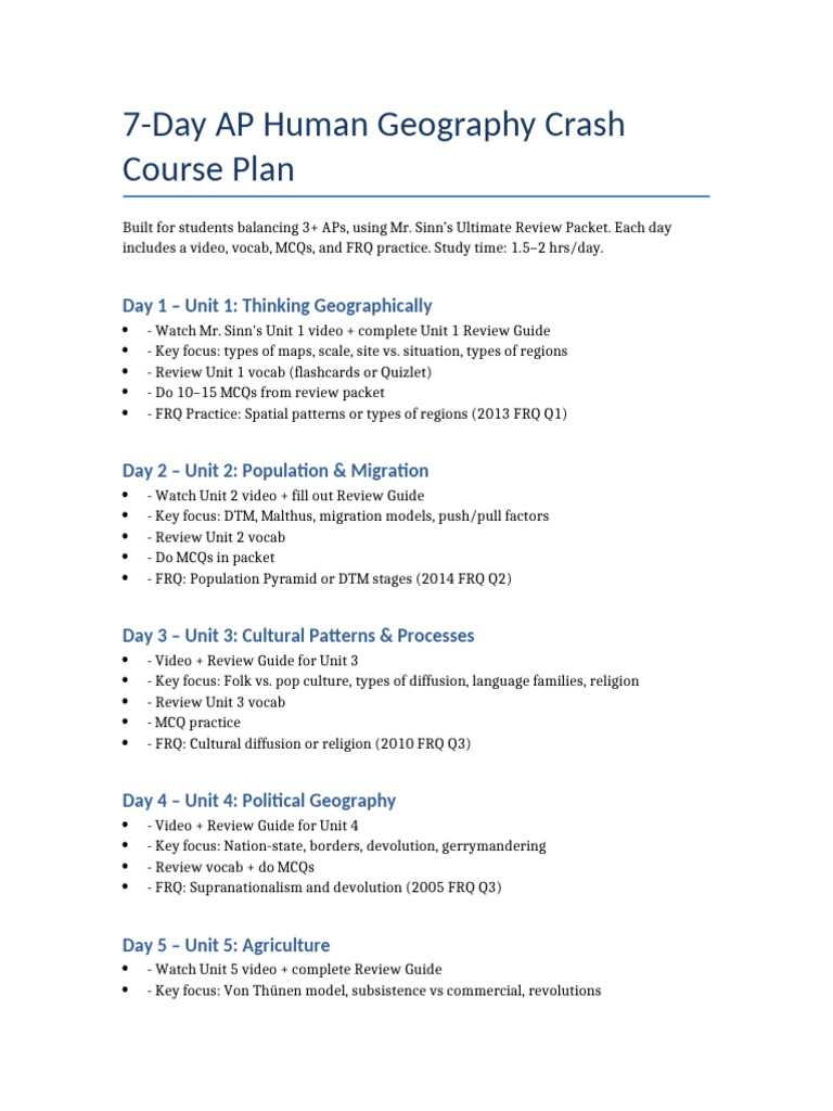 AP HUG 7 Day Crash Study Plan MR Sinn | PDF