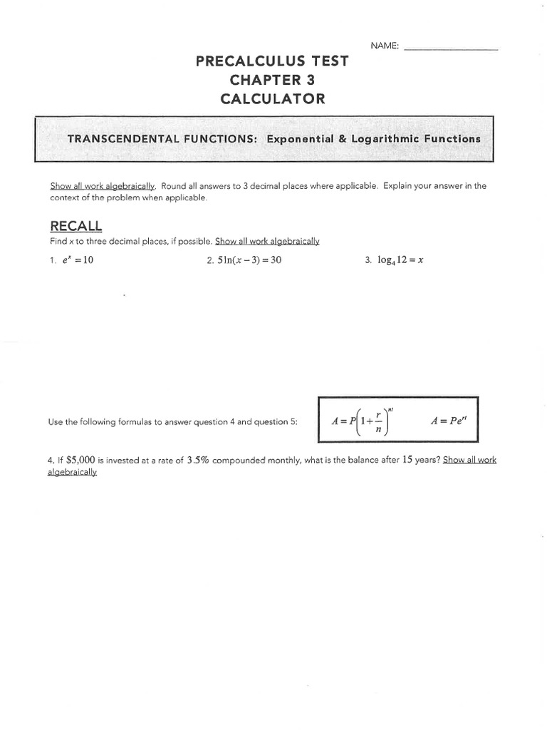 Precalc. Test - Chapter 3 - Calc (Q) | PDF