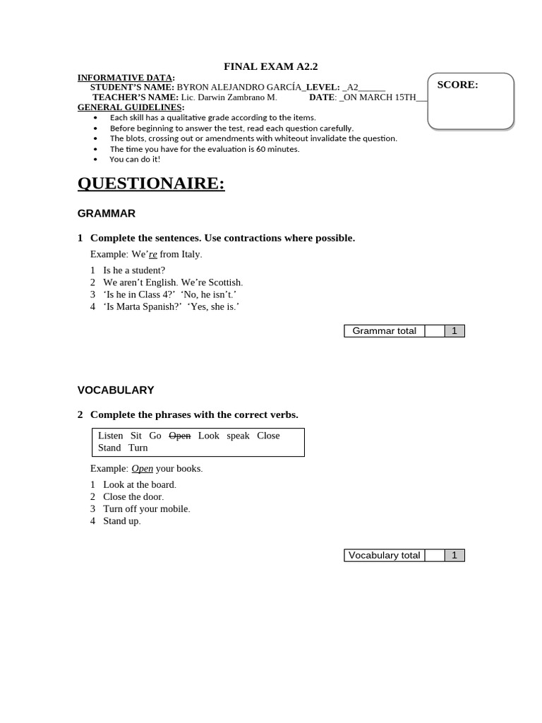 Final Exam A2.2 - Grammar-Reading-Writing, 14-03-2025 | PDF | Linguistics