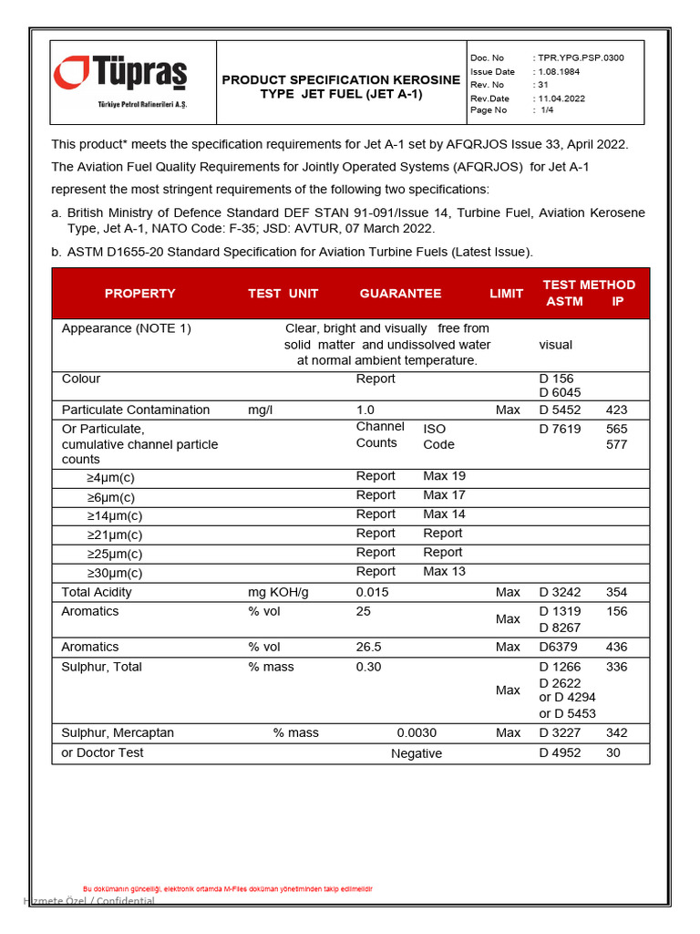 Jet A-1 Kerosine Fuel Specification | PDF | Jet Fuel | Materials