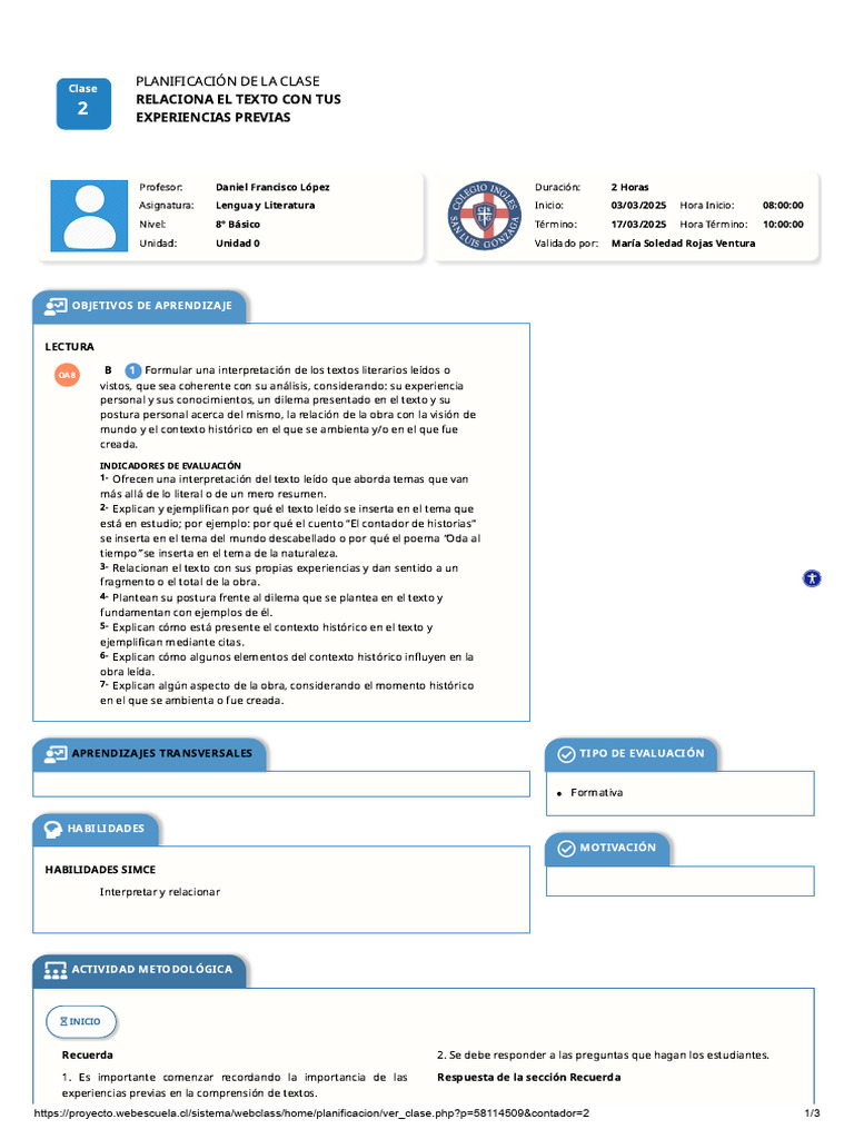 Planif 8° Unidad 0 Clase 2 | PDF | Cognición | Aprendizaje