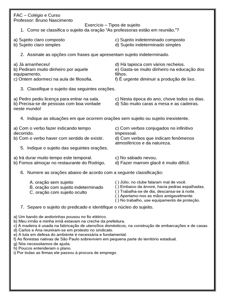 Exercício - Tipos de Sujeito | PDF | Assunto (gramática)
