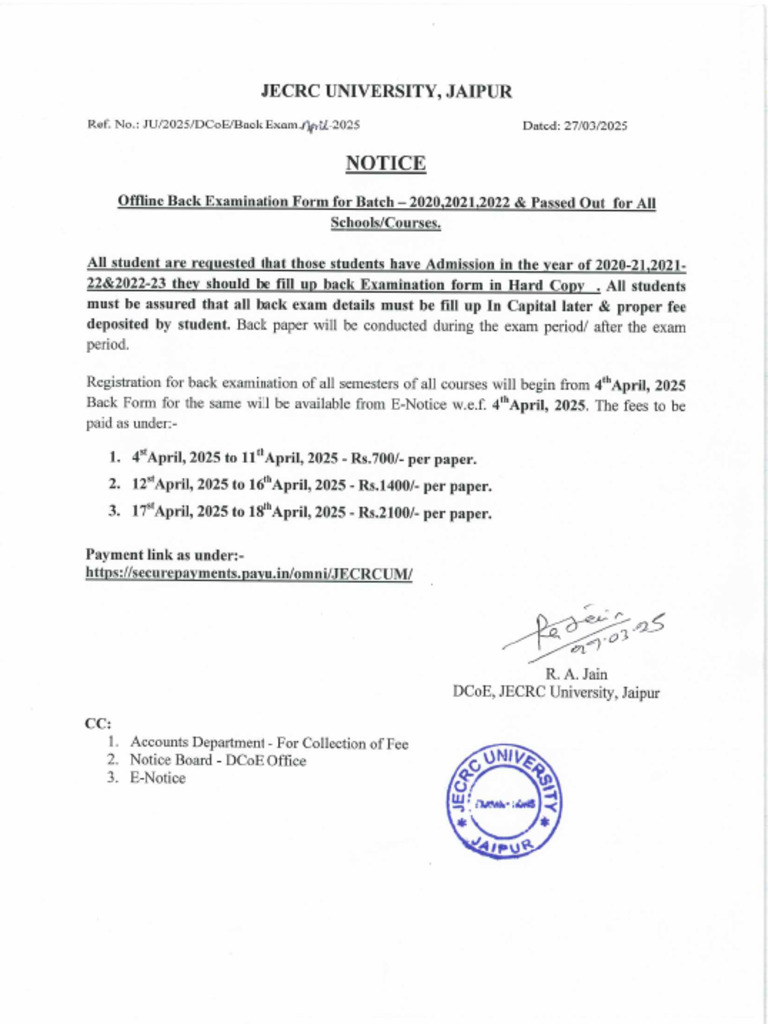 Back Exam Form (Offline) Even Sem 2024-25 | PDF
