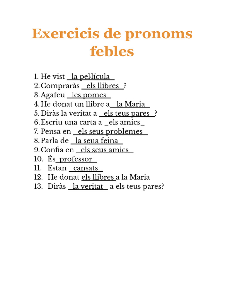 Exercicis de Pronoms Febles | PDF