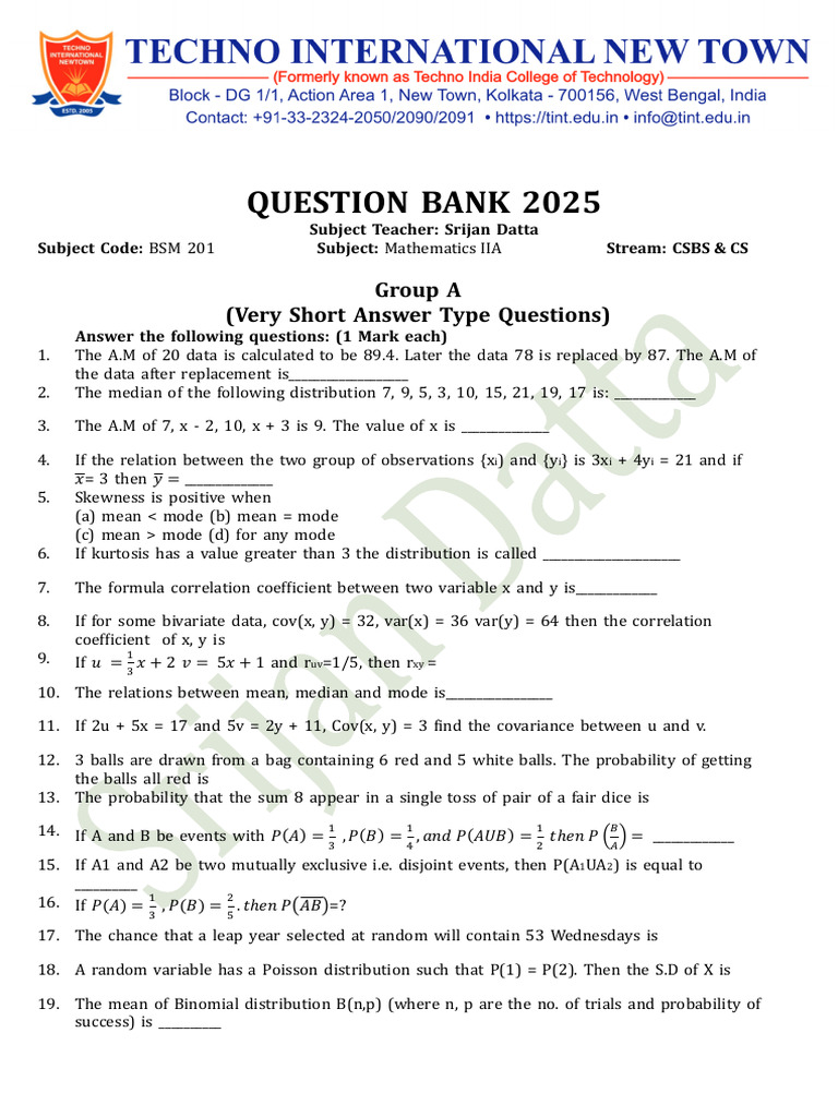 Question Bank 2025 Ca3 BSM 201 | PDF | Statistical Analysis | Teaching Mathematics