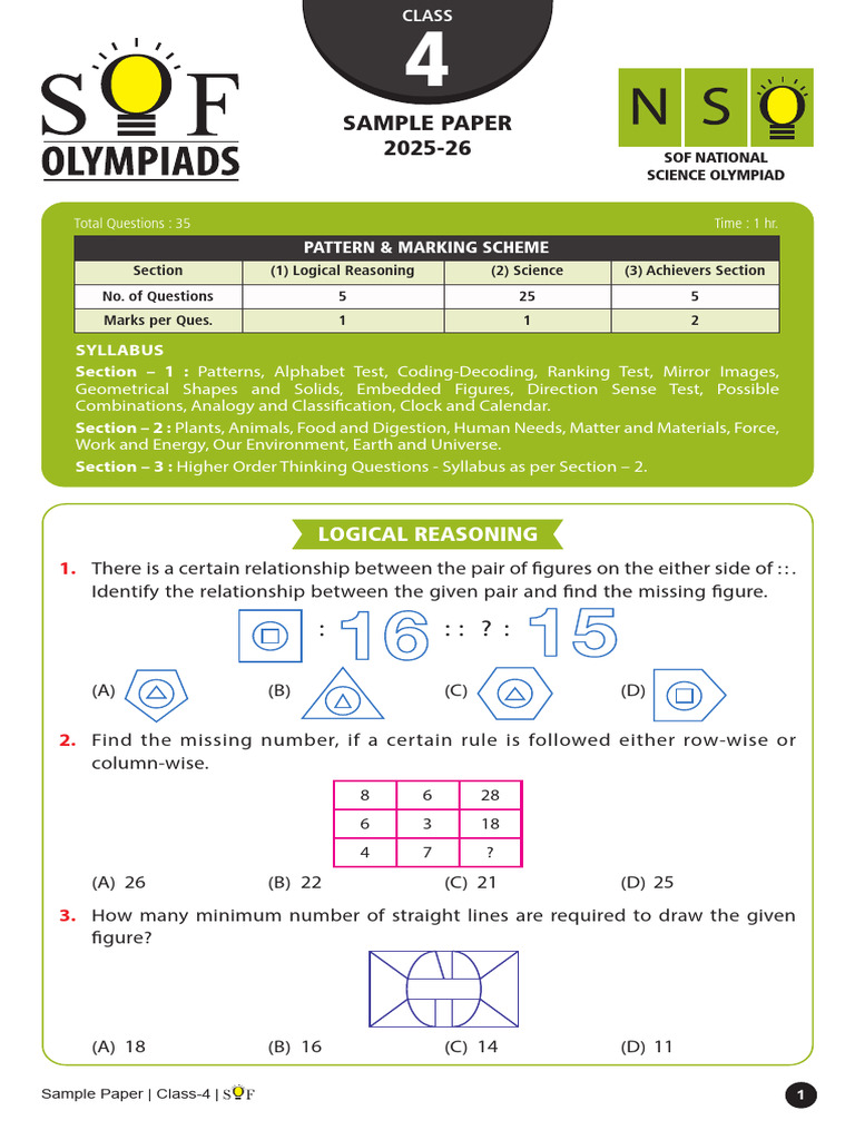 Nso Sample Paper Class-4 2025-26 | PDF | Digestion | Gastrointestinal Tract