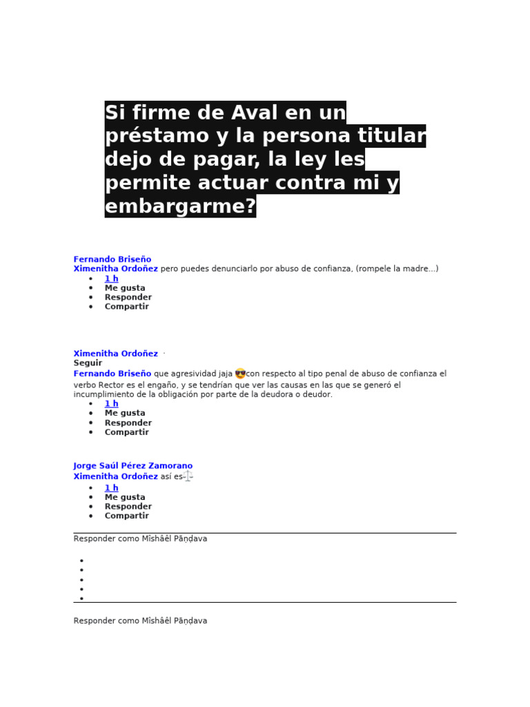 Si Firme de Aval en Un Préstamo y La Persona Titular Dejo de Pagar | PDF