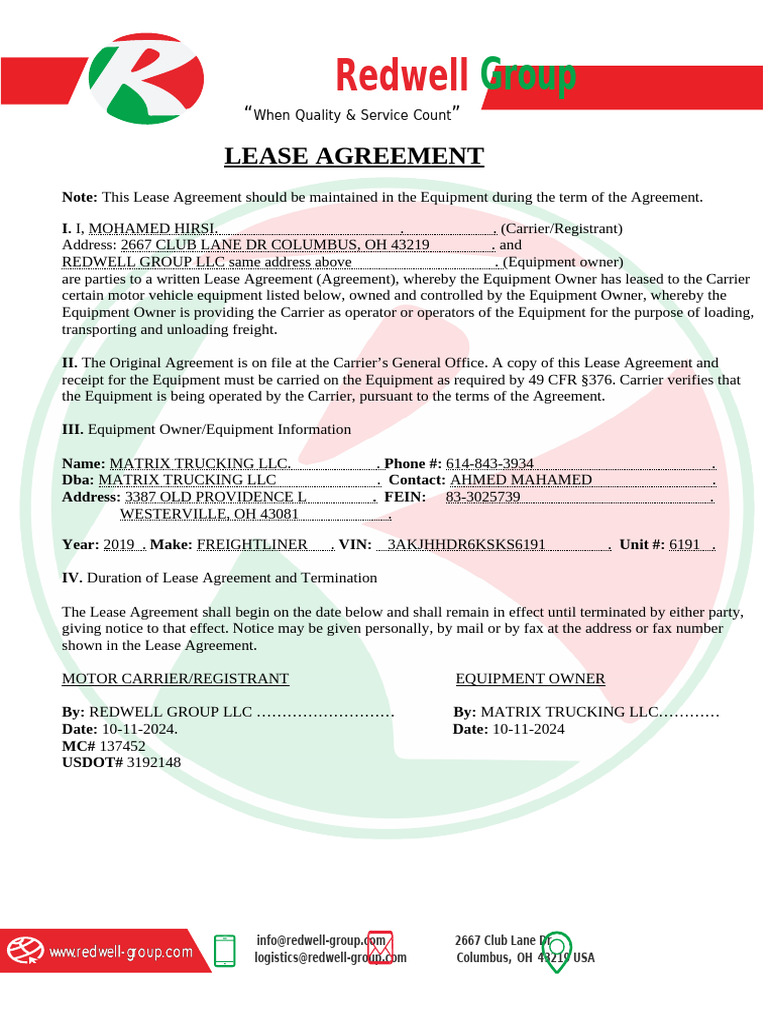 Redwell Lease Agreement - For Merge | PDF | Vehicles | Transport