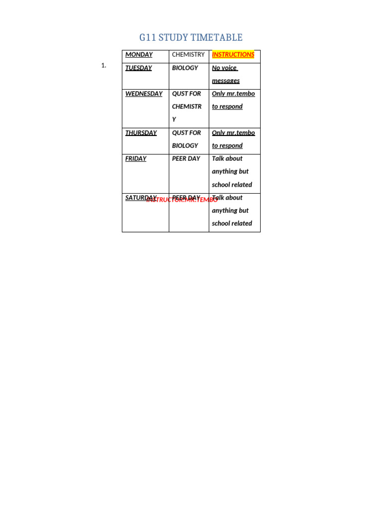 G11 Study Timetable Overview | PDF