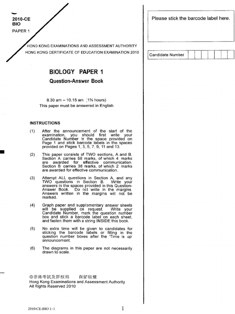 2010 Bio Paper 1 | PDF