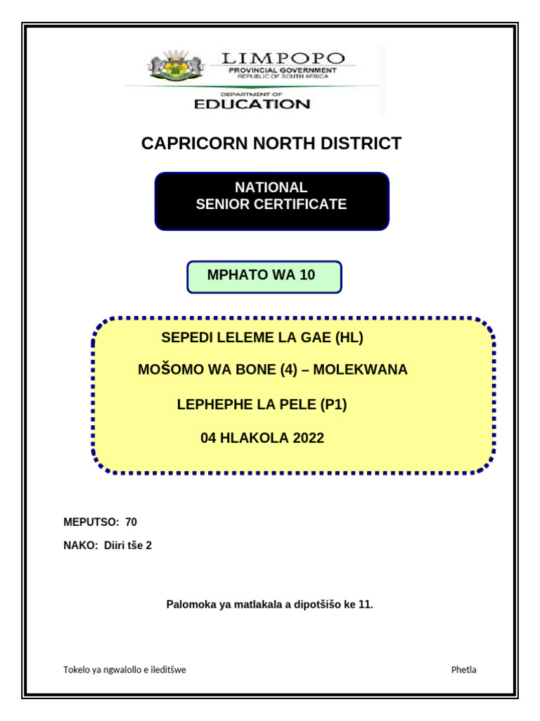 Sepedi HL Grade 10 Task 4 QP P1 Capricorn North 04032022 | PDF