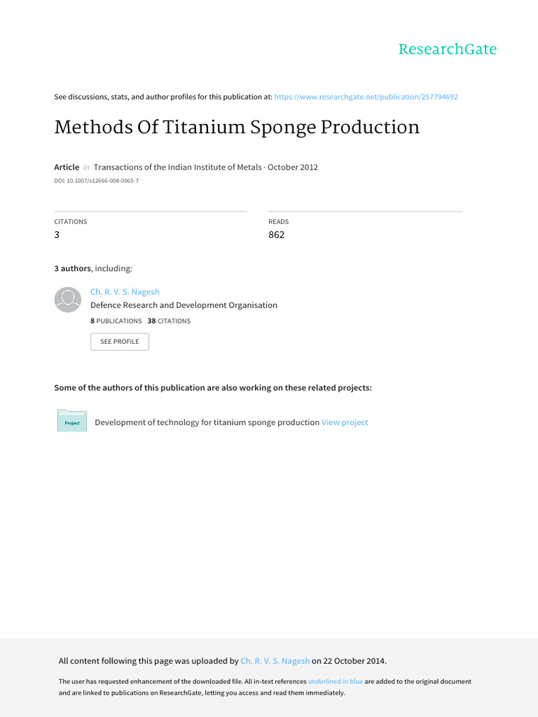 Methods of Titanium Sponge Production | PDF | Titanium | Magnesium