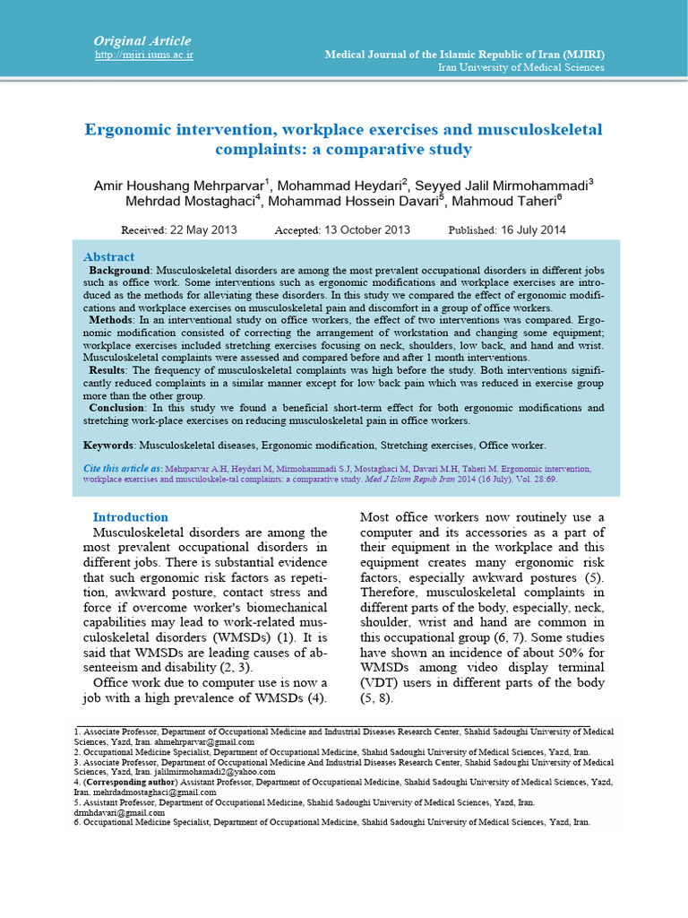 Ergonomic Intervention, Workplace Exercises and Musculoskeletal | PDF ...