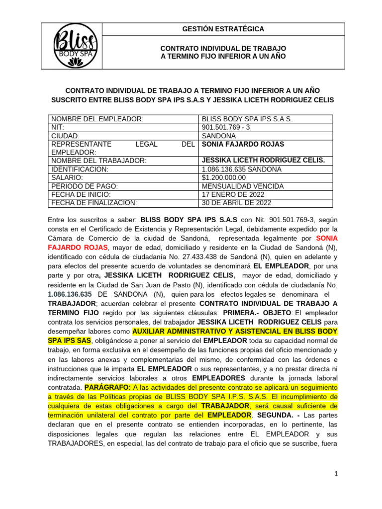 Contrato A Término Fijo Inferior A Un Año Jessica Rodriguez Celis | PDF ...