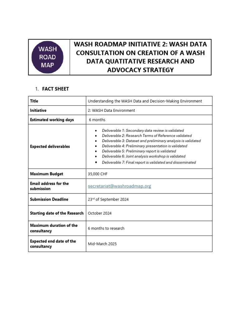 Initiative 2 Wash Data Tor | PDF | Wash | Humanitarian Crisis