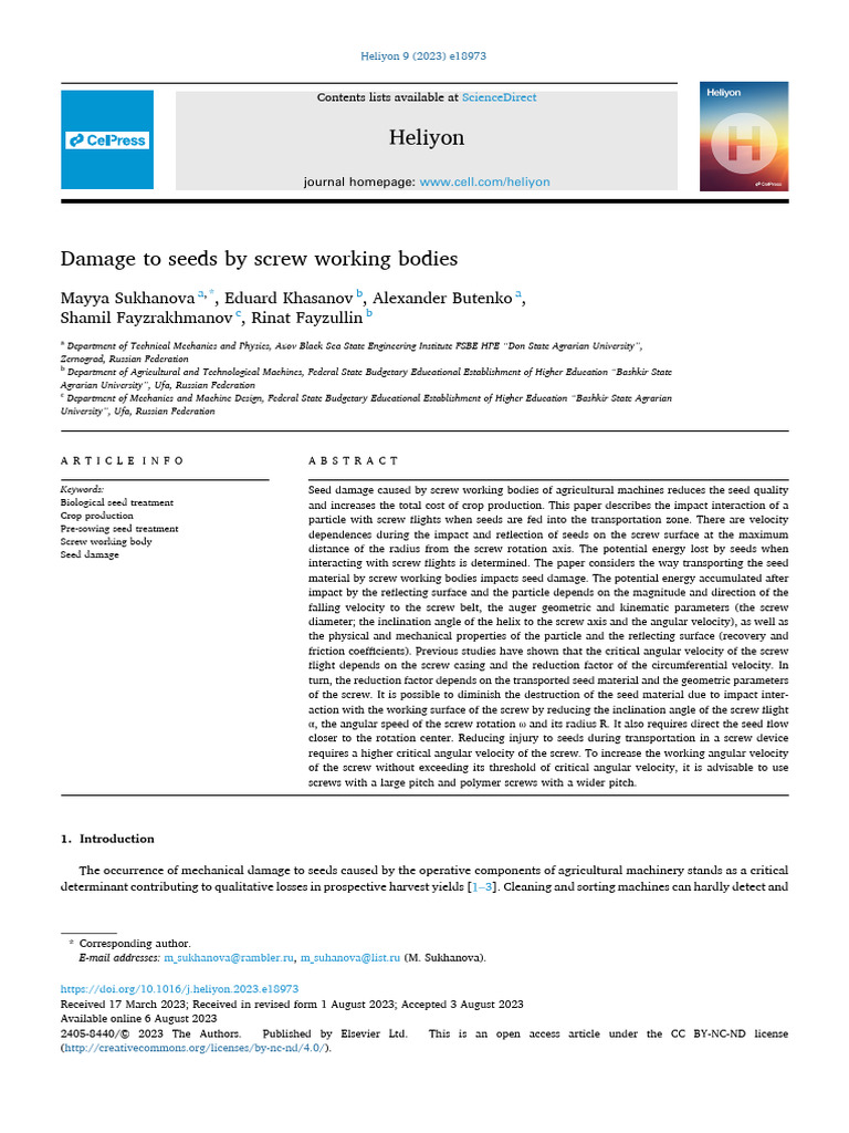Damage To Seeds by Screw Working Bodies | PDF | Kinematics | Machines