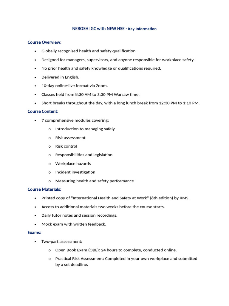 NEBOSH IGC Online Course Overview | PDF