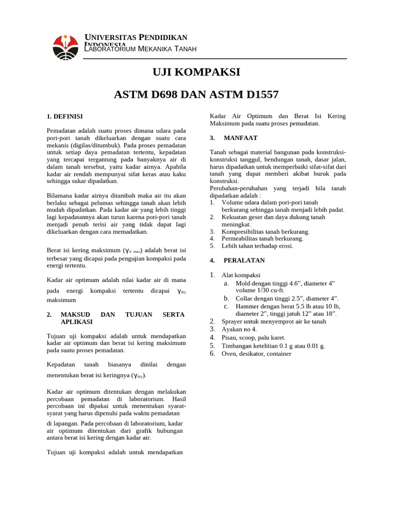 Uji Kompaksi Tanah: ASTM D698 & D1557 | PDF