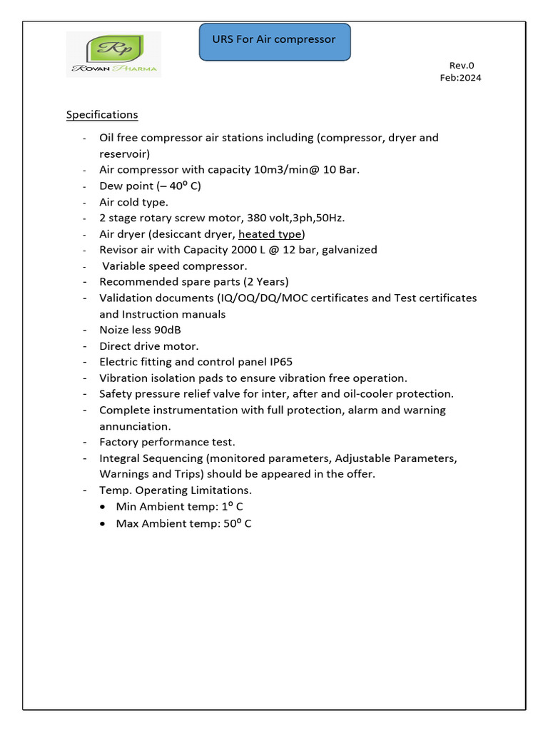 Oil-Free Air Compressor Specifications | PDF