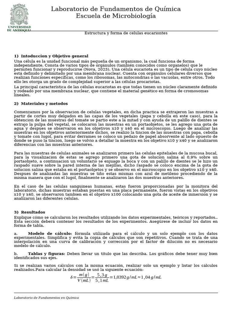 (Plantilla) Formato Informe Fundamentos de Biocel | PDF | Biología Celular) | Nucleo celular