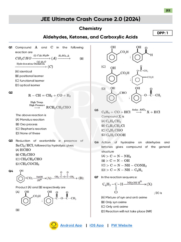 Aldehydes Ketones and Carboxylic Acids DPP 01 JEE Ultimate Crash Course 2.0 ...