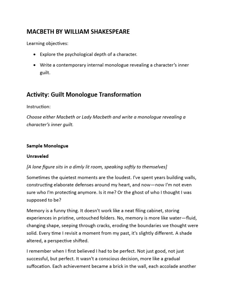 MONOLOGUE - MACBETH BY WILLIAM SHAKESPEARE | PDF