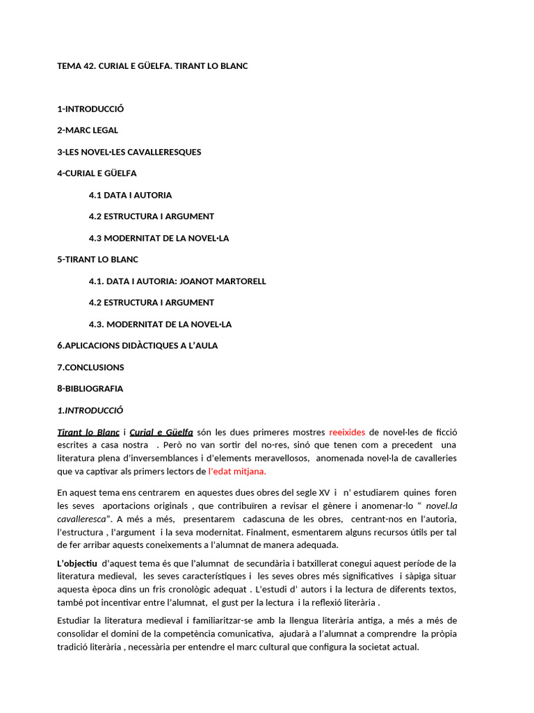 Tema 42. Curial e Güelfa. Tirant Lo Blanc | PDF