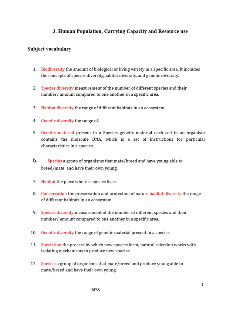 IBDP ESS-3 Human Population, Carrying Capacity and Resource Use Subject ...