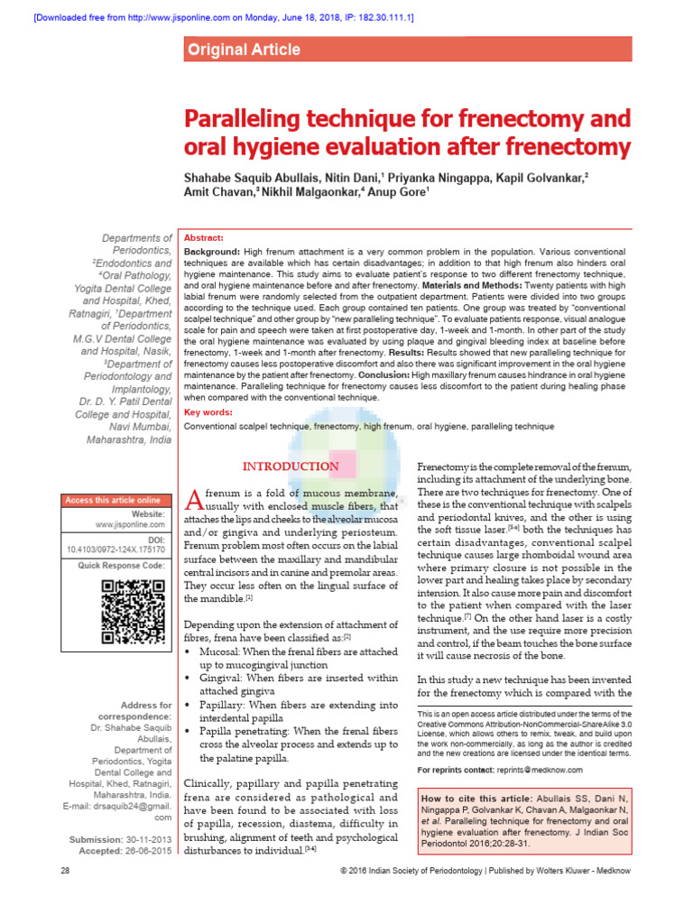 Paralleling Technique For Frenectomy and Oral Hygi | PDF | Periodontology | Dentistry Branches