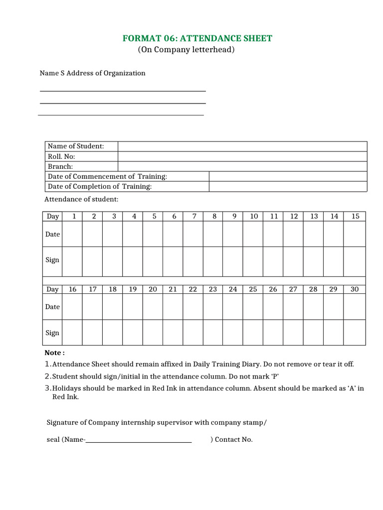 Internship Attendance Sheet Format | PDF