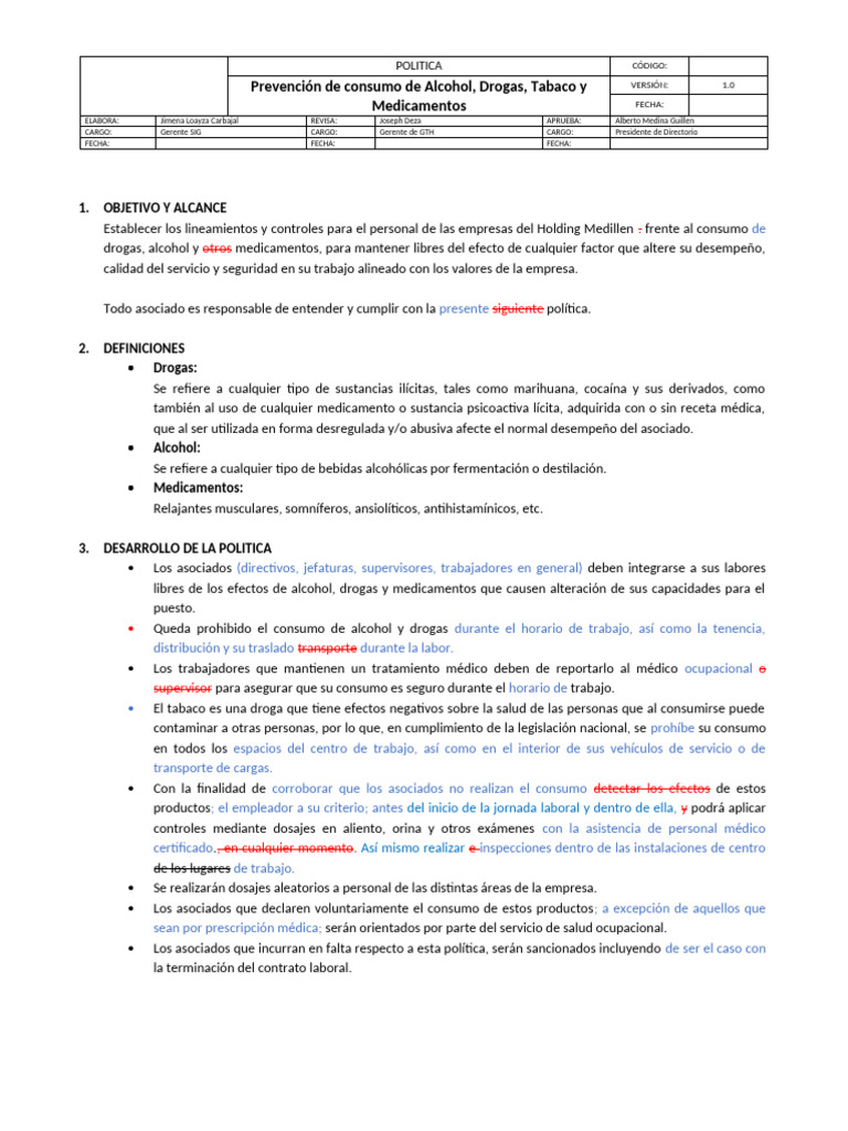 SIG-PO-02 Politica Drogas Alcohol | PDF | Drogas | Drogas Psicoactivas