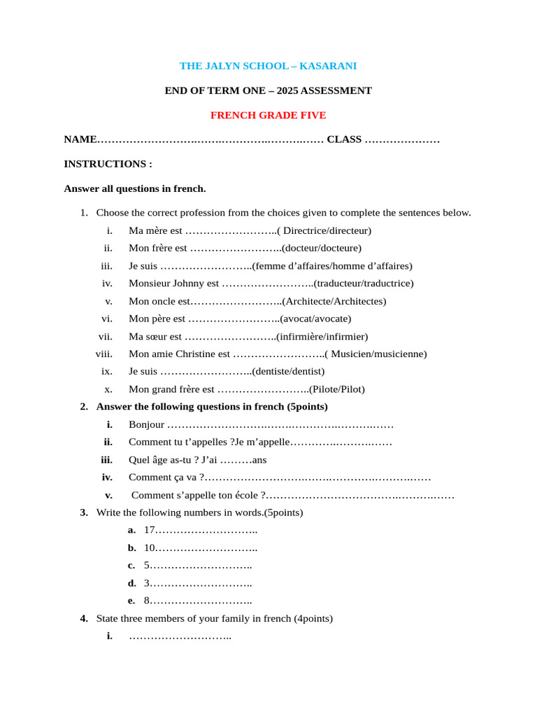 Grade 5 French Assessment 2025 | PDF