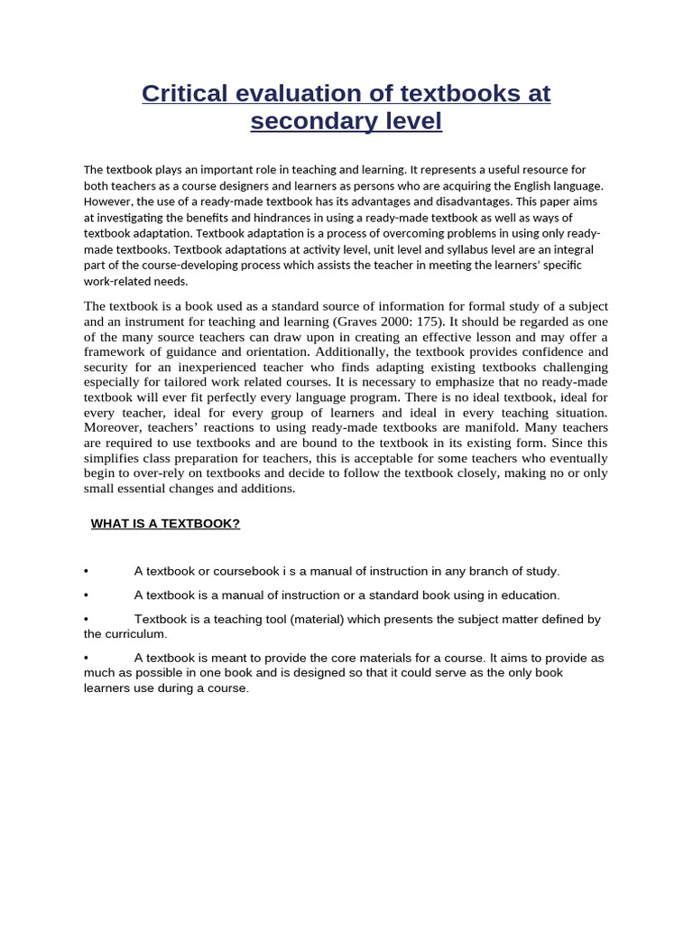 Critical Evaluation of Textbook | PDF | Teachers | Learning