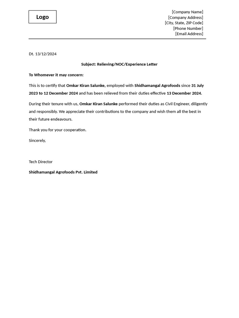 Relieving Letter Format in Word | PDF