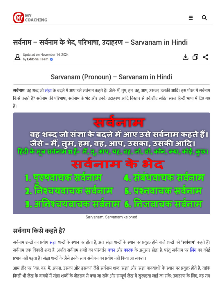 सर्वनाम - सर्वनाम के भेद, परिभाषा, उदाहरण - Sarvanam in Hindi | PDF