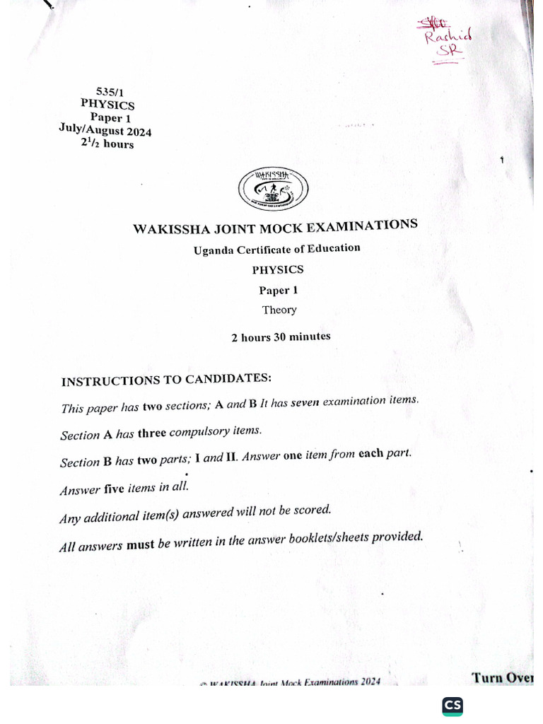 Wakisha Joint Mock Examination Uce Physics Paper 1 Theory Marking Guide 2024 | PDF