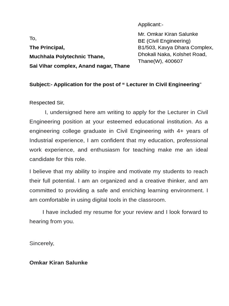 Application for Civil Engineering Lecturer | PDF