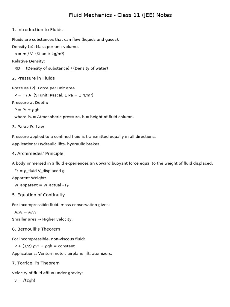 Fluid Mechanics Jee Notes | PDF