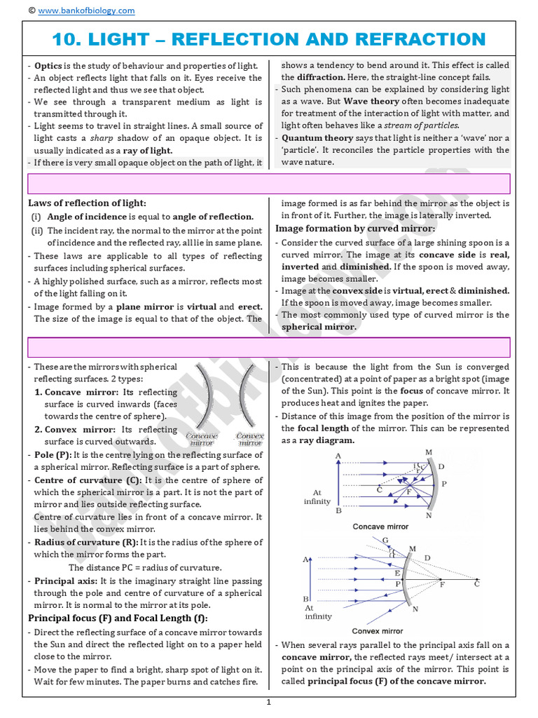 10 Light - Reflection and Refraction - 1pg Notes | PDF | Light | Mirror